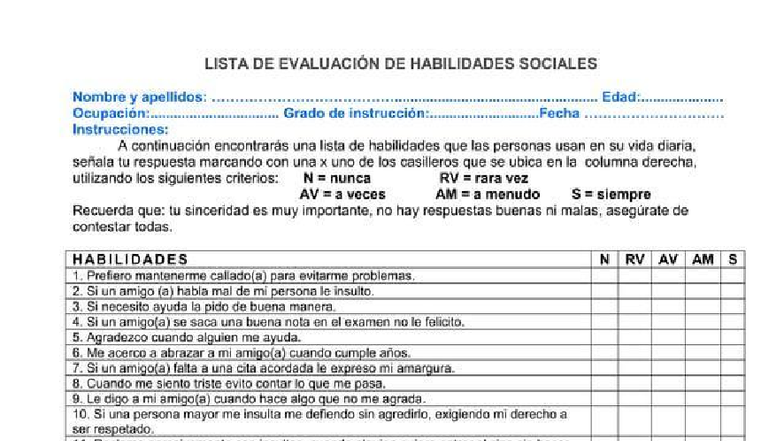 LISTA DE EVALUACIÓN DE HABILIDADES SOCIALES - HHSS - Studocu