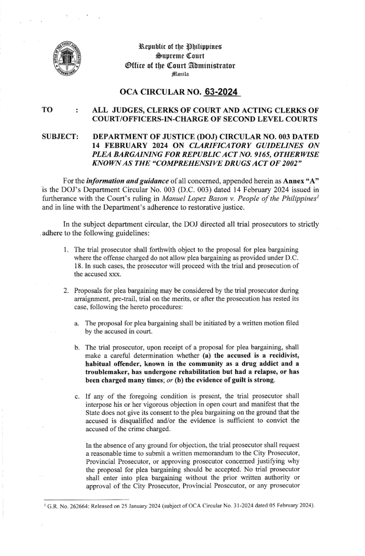 OCA Circular No. 63-2024: Guidelines on Plea Bargaining for RA 9165 - Studocu