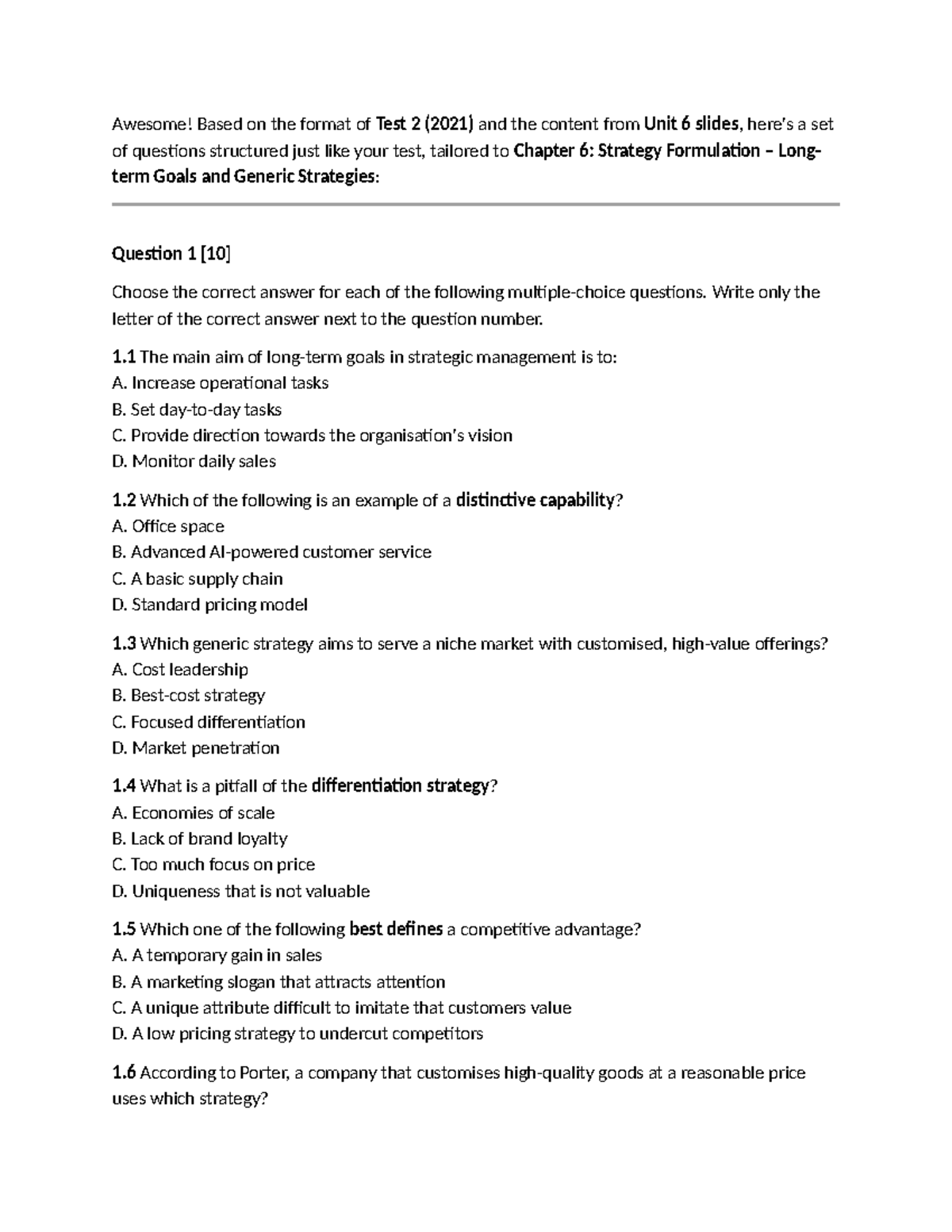Draft Questions for Chapter 6: Strategy Formulation (BUS 101) - Studocu