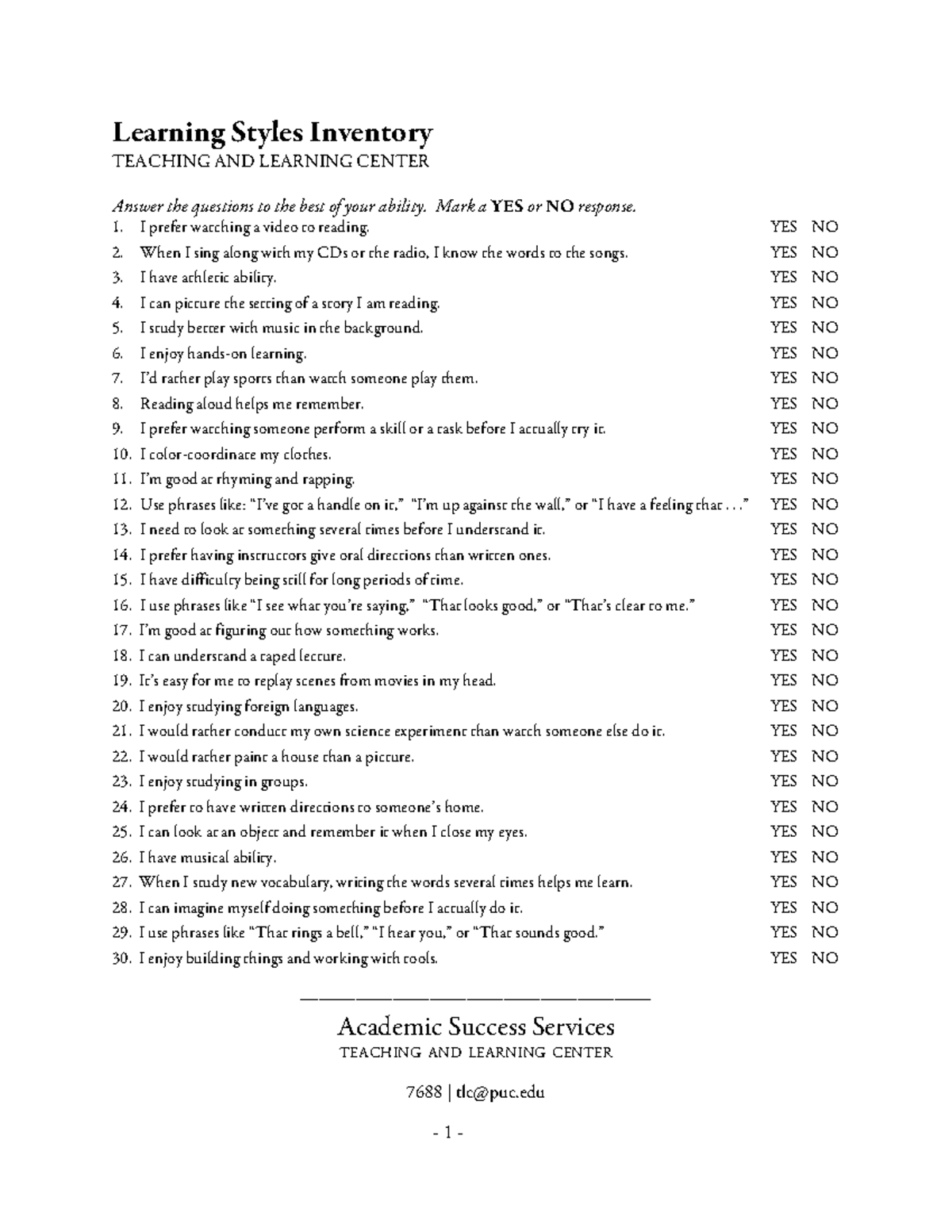 Learning-Styles-Inventory - 2 page sheet ...