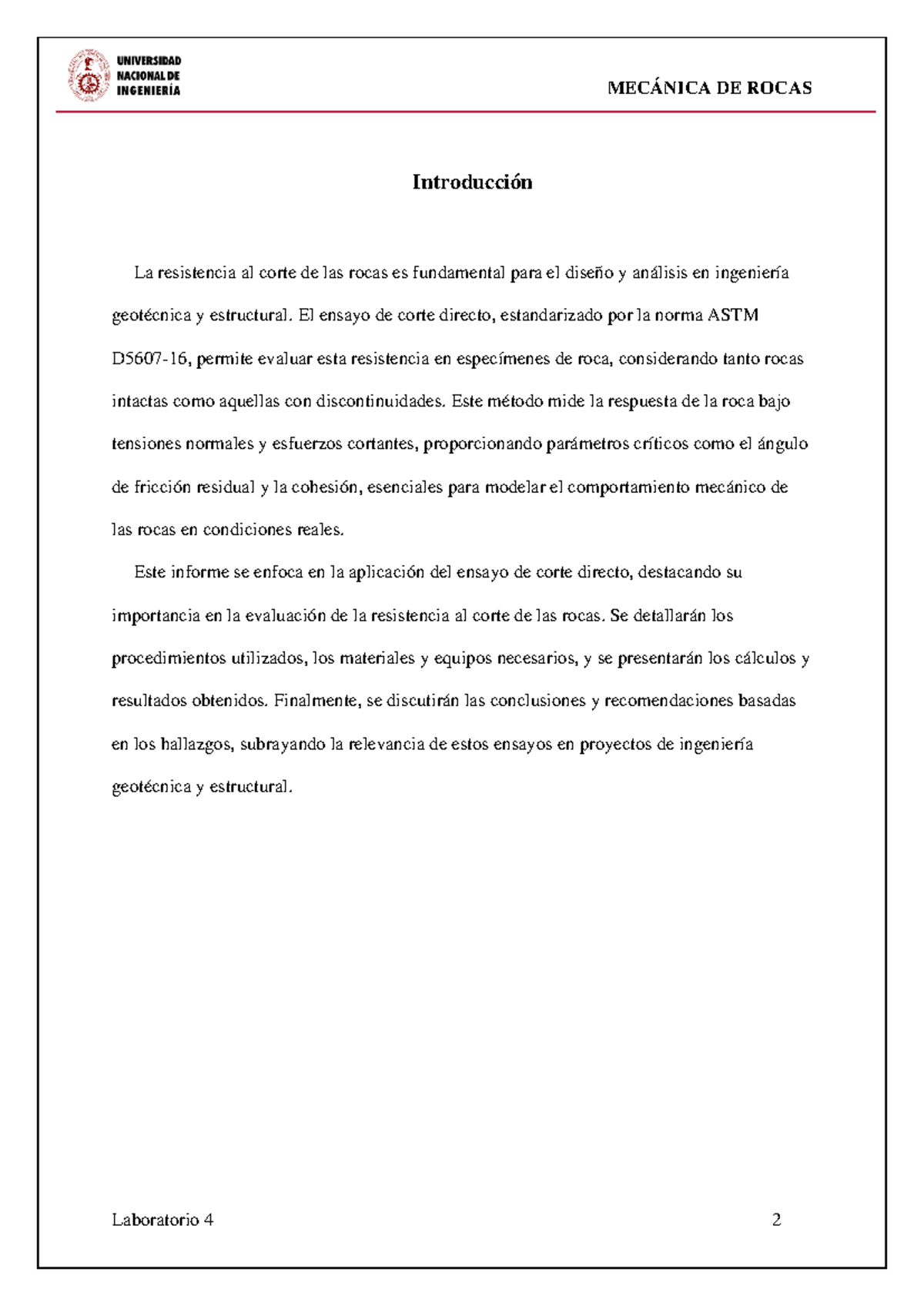 Ensayo de Corte Directo en Rocas según ASTM D5607-16 - Studocu