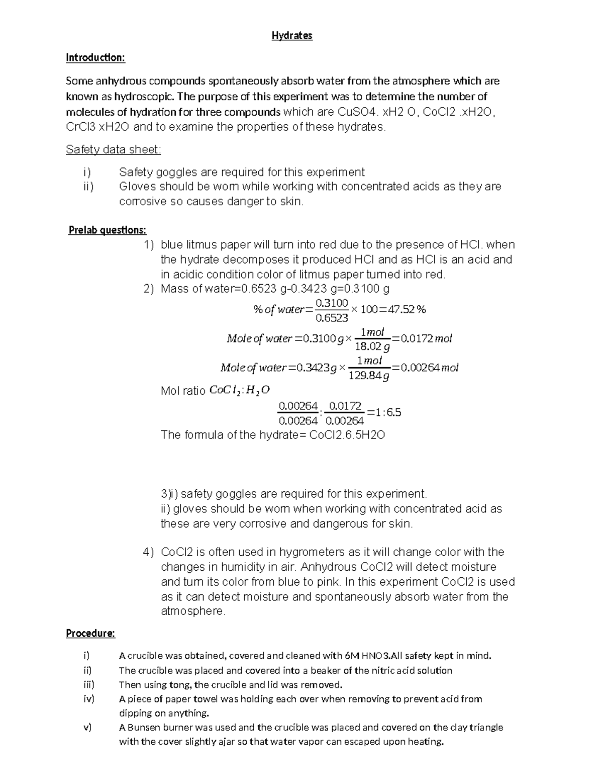 Hydrates Lab Report: Determining Molecules of Hydration (5412) - Studocu