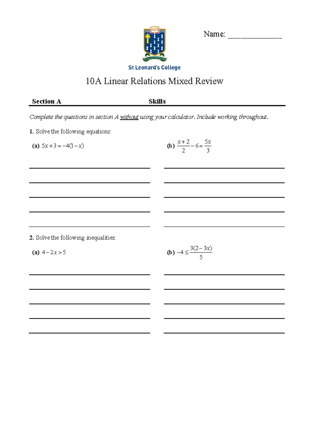 2022 Year 10A Linear Relations Mixed Review - Skills & Applications ...