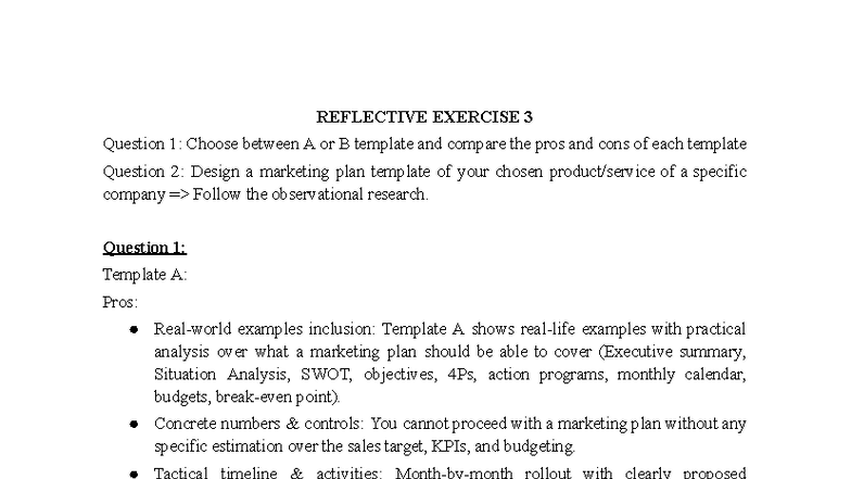 REFLECTIVE EXERCISE 3: Marketing Plan Template Comparison and Design ...