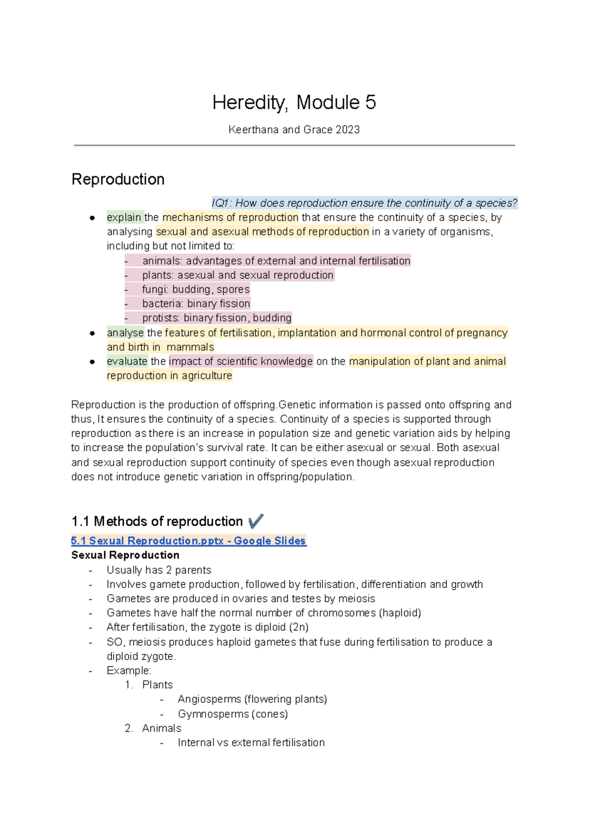 Heredity and Reproduction: Module 5 Class Notes (Biology 2023) - Studocu
