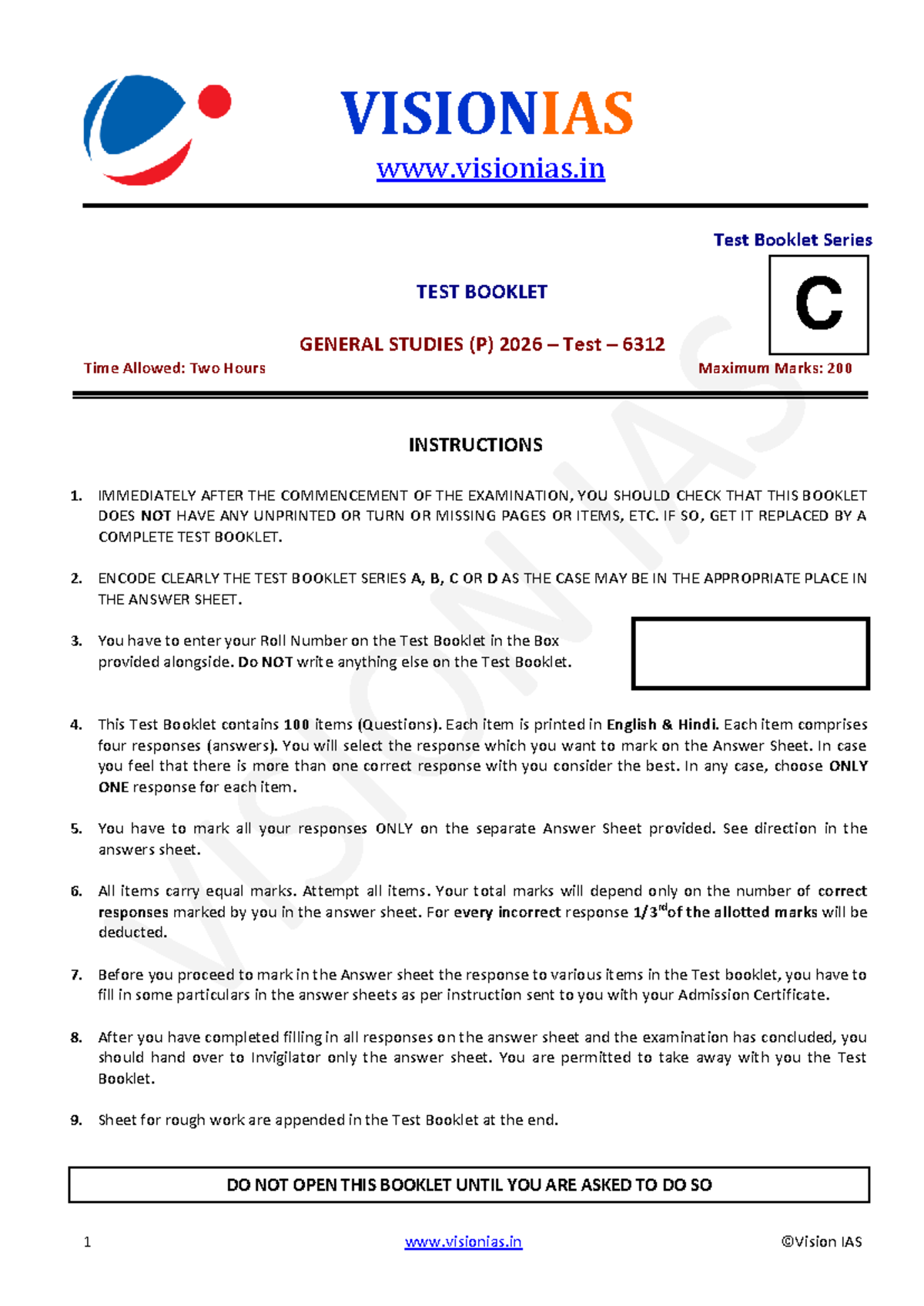 VISIONIAS Test Booklet Series C: General Studies (P) 2026 - Test 6312 ...