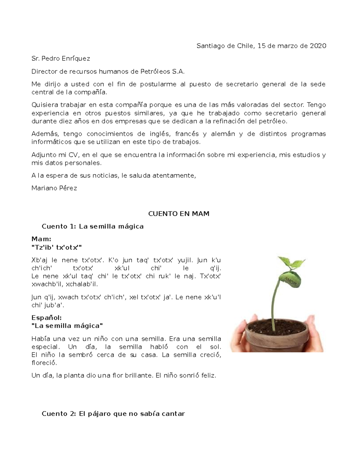 Carta y poemas en mam cuarto - Santiago de Chile, 15 de marzo de 2020 Sr. Pedro Enríquez ...