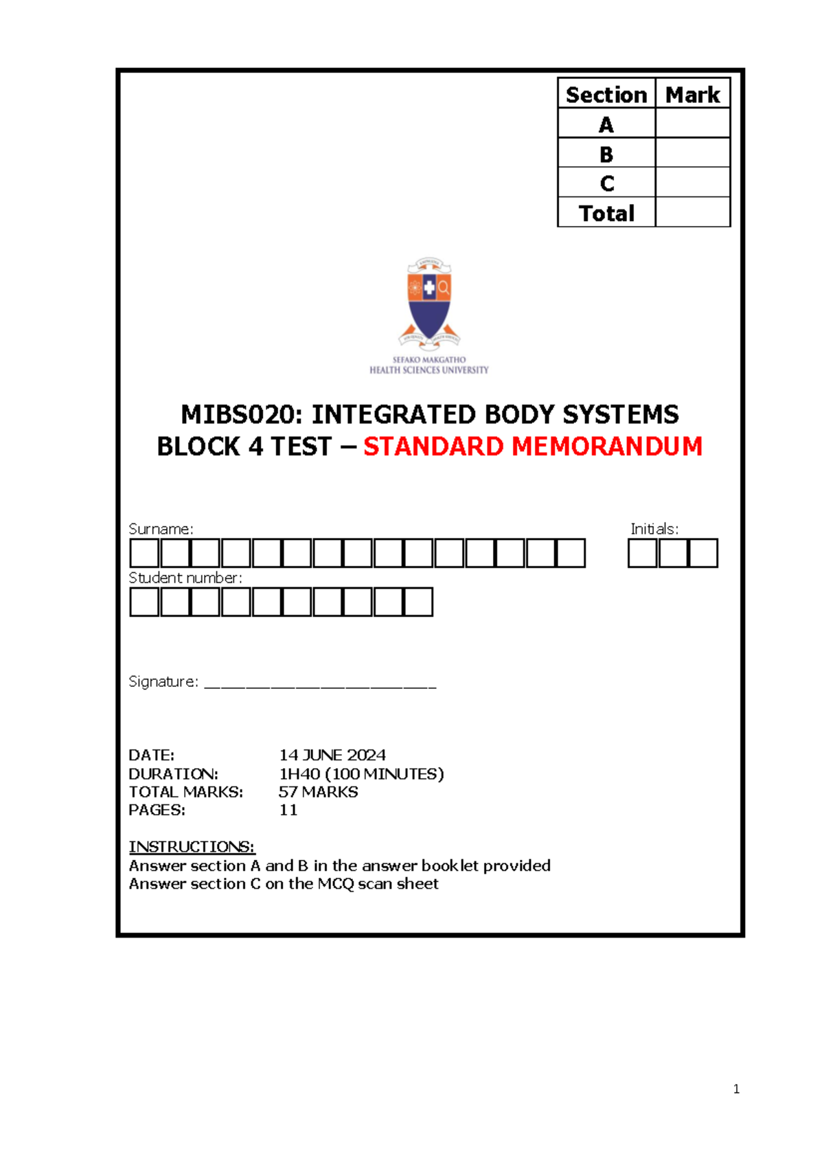 MIBS Block 4 Standard Memorandum 2024 - Section Mark A B C Total ...
