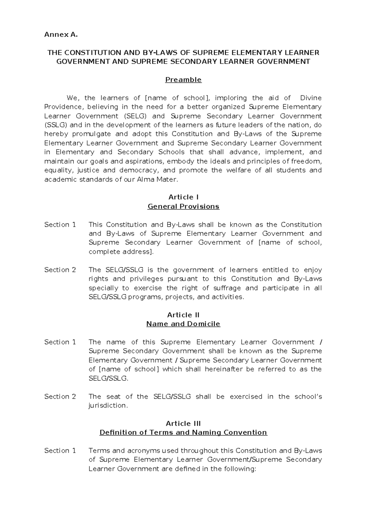 Constitution and By-Laws of SELG/SSLG [Annex A] - Studocu