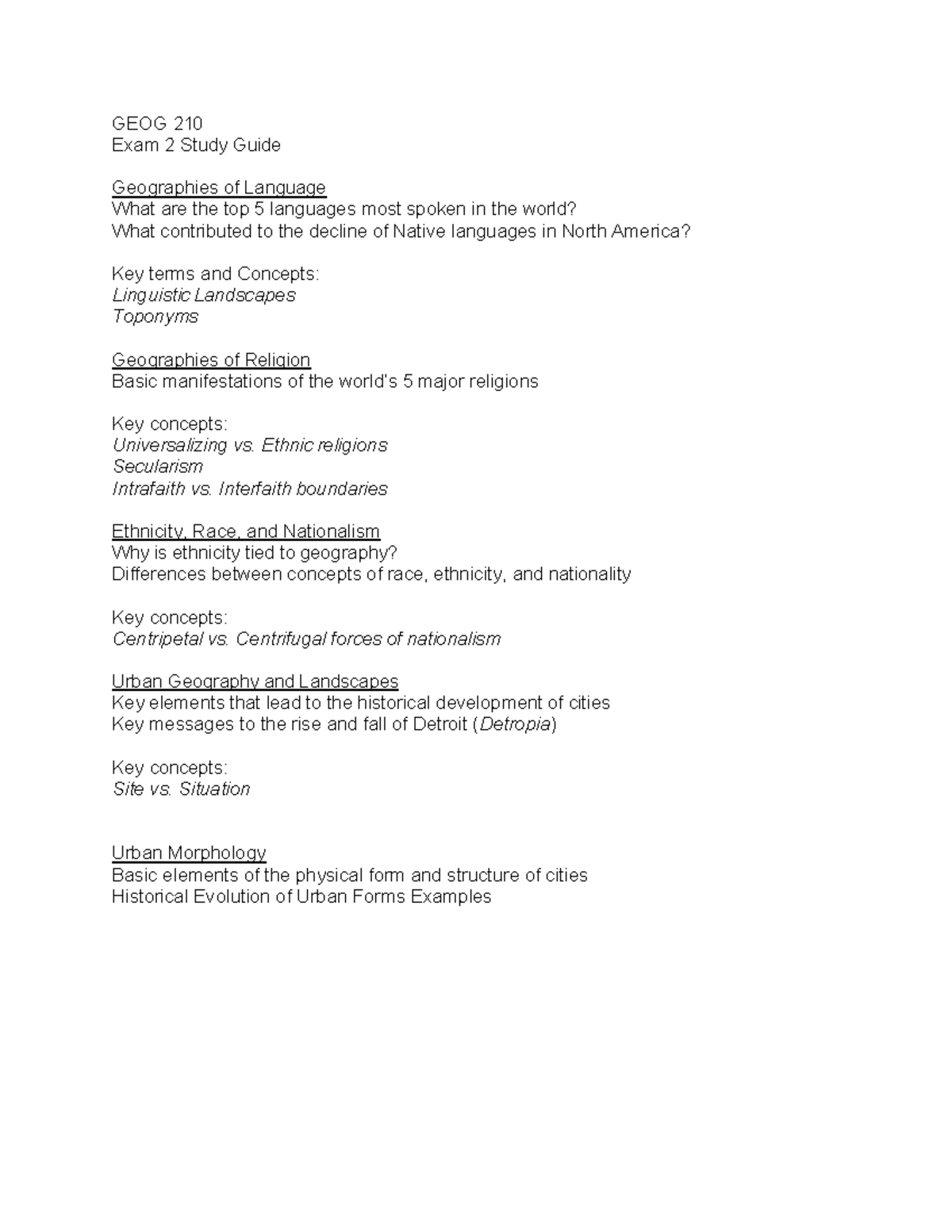 GEOG 210 Exam 2 Study Guide: Language, Religion, Ethnicity & Urban ...