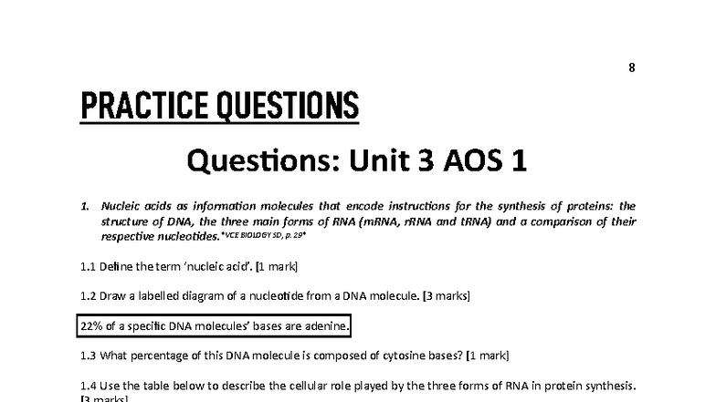 UNIT 3 AOS 1 Biology Practice Questions on Nucleic Acids and Protein ...
