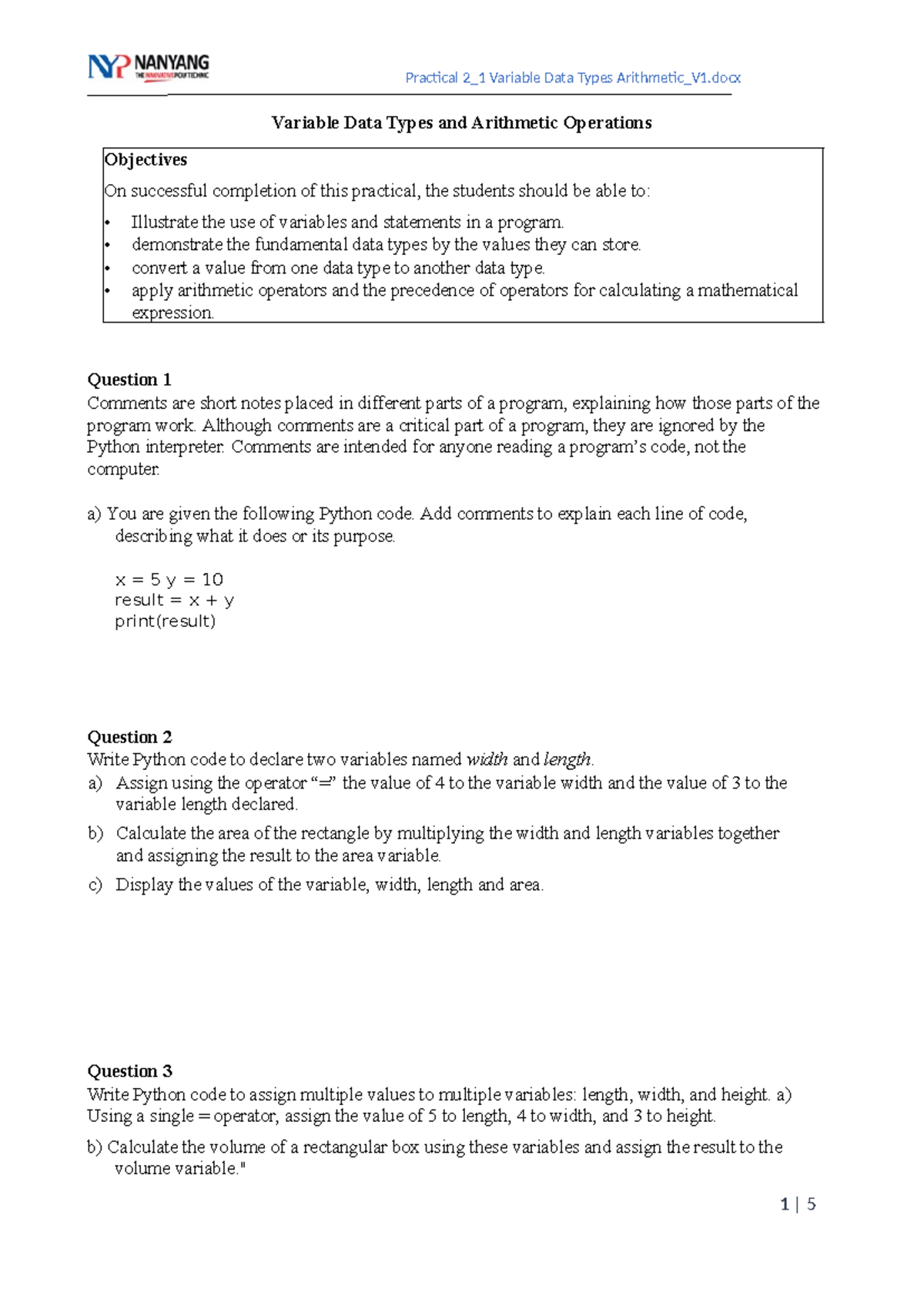 Practical 2 1 Variable Data Types Arithmetic - Variable Data Types and Arithmetic Operations ...