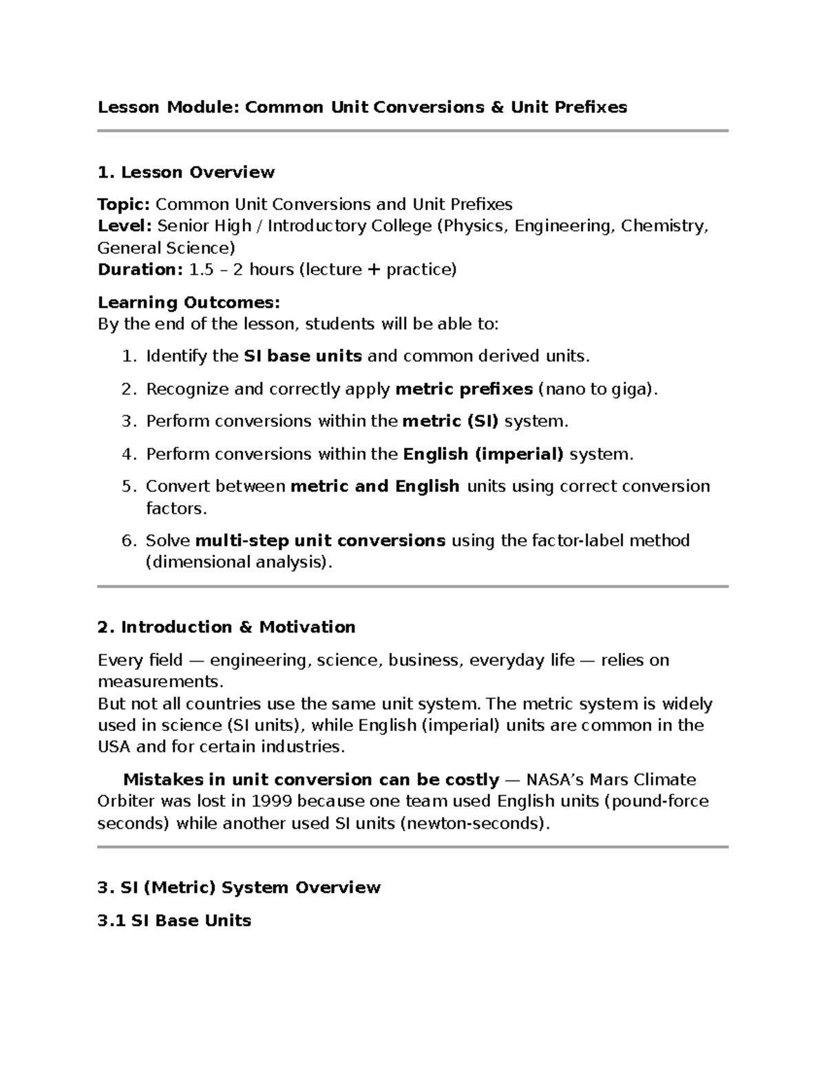 Lesson Module: Common Unit Conversions & Prefixes for Physics - Studocu