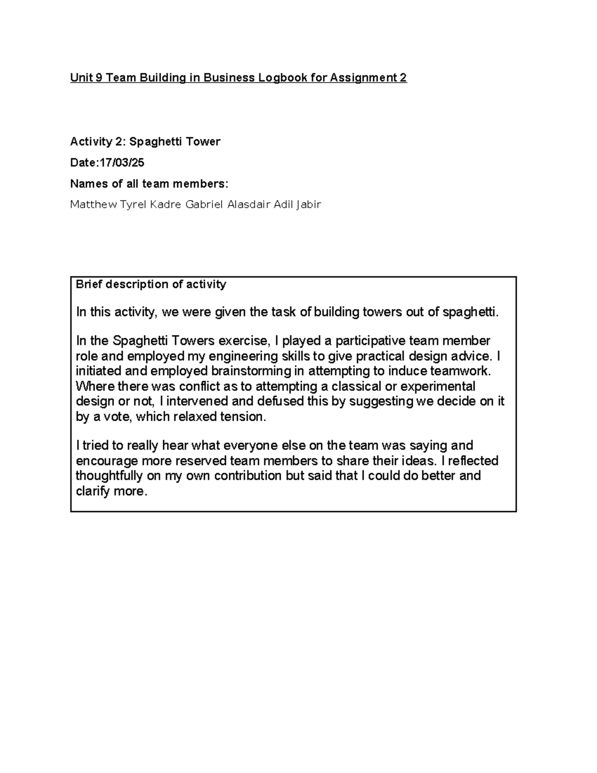 Unit 9 Logbook: Team Building Activity - Spaghetti Tower Assignment 2 ...
