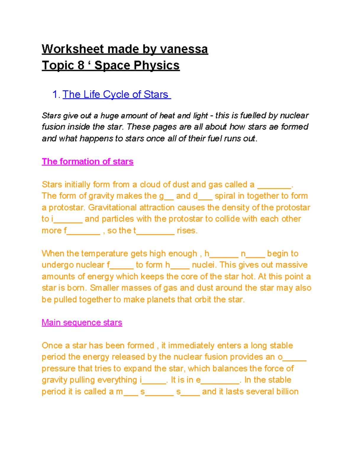 Copy of life cycle in stars - Worksheet made by vanessa Topic 8 ‘ Space ...