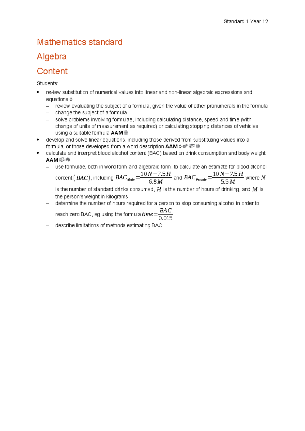 Mathematics Standard Year 12 Study Notes: Algebra, Measurement ...