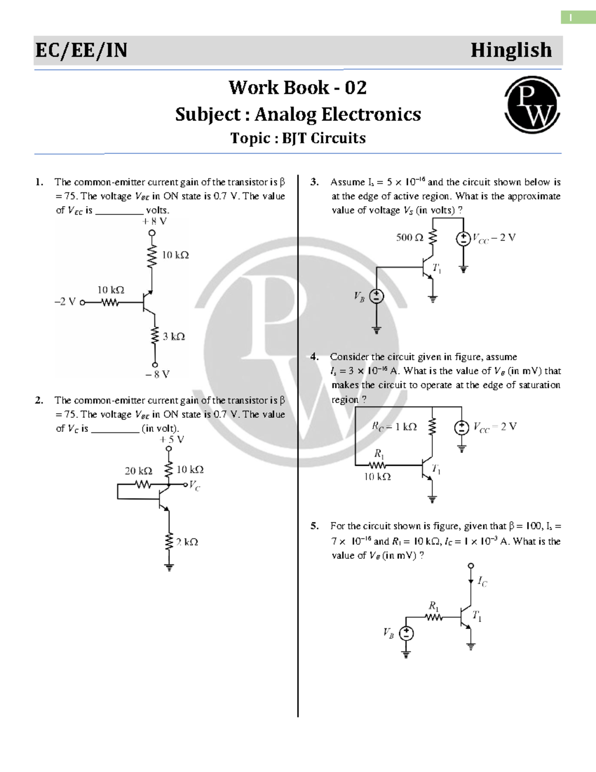 Analog Electronics Workbook 02: BJT Circuits Practice & Answers - Studocu