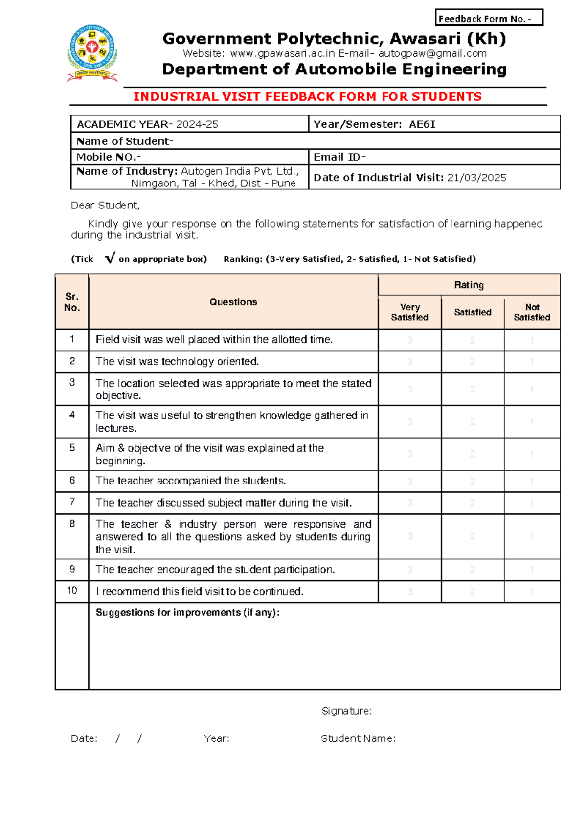 Industrial Visit Feedback Form 2024-25 - Government Polytechnic ...