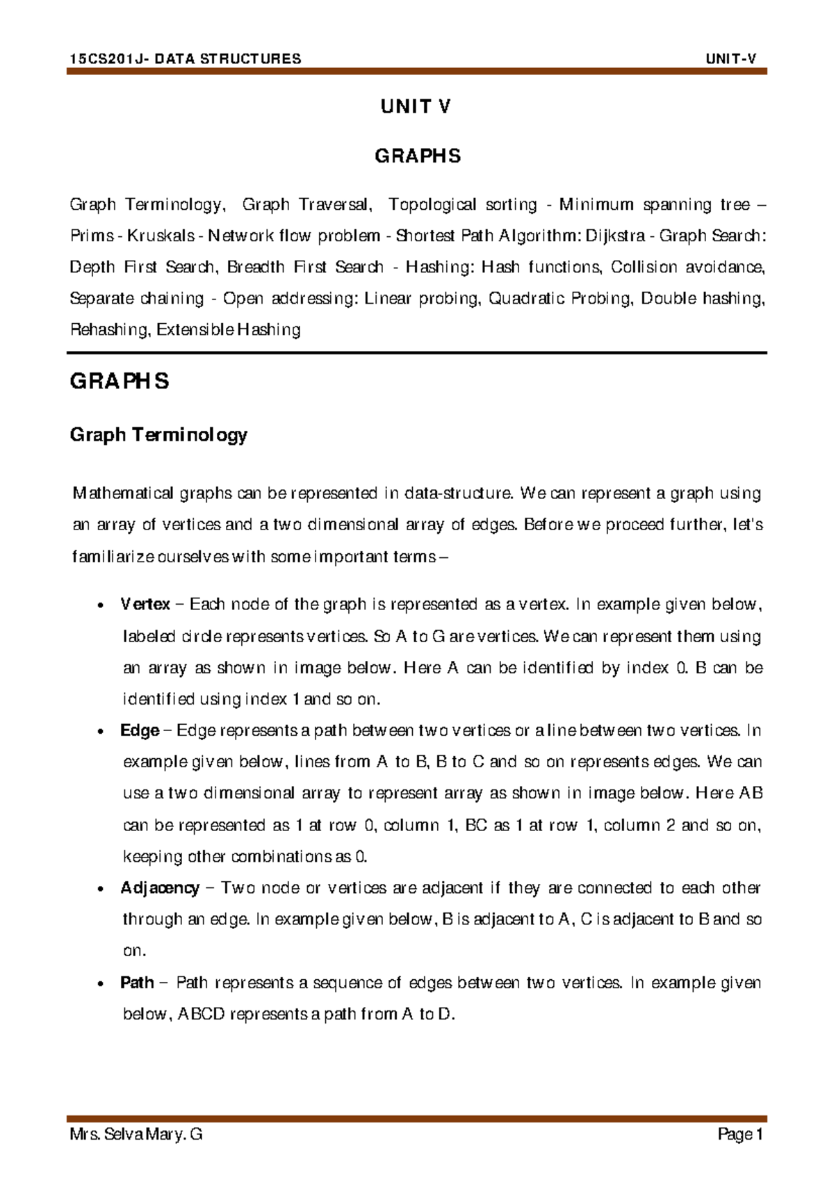 Unit 5 dsa - coa - UN I T V GRAPH S Graph Terminology, Graph Traversal ...