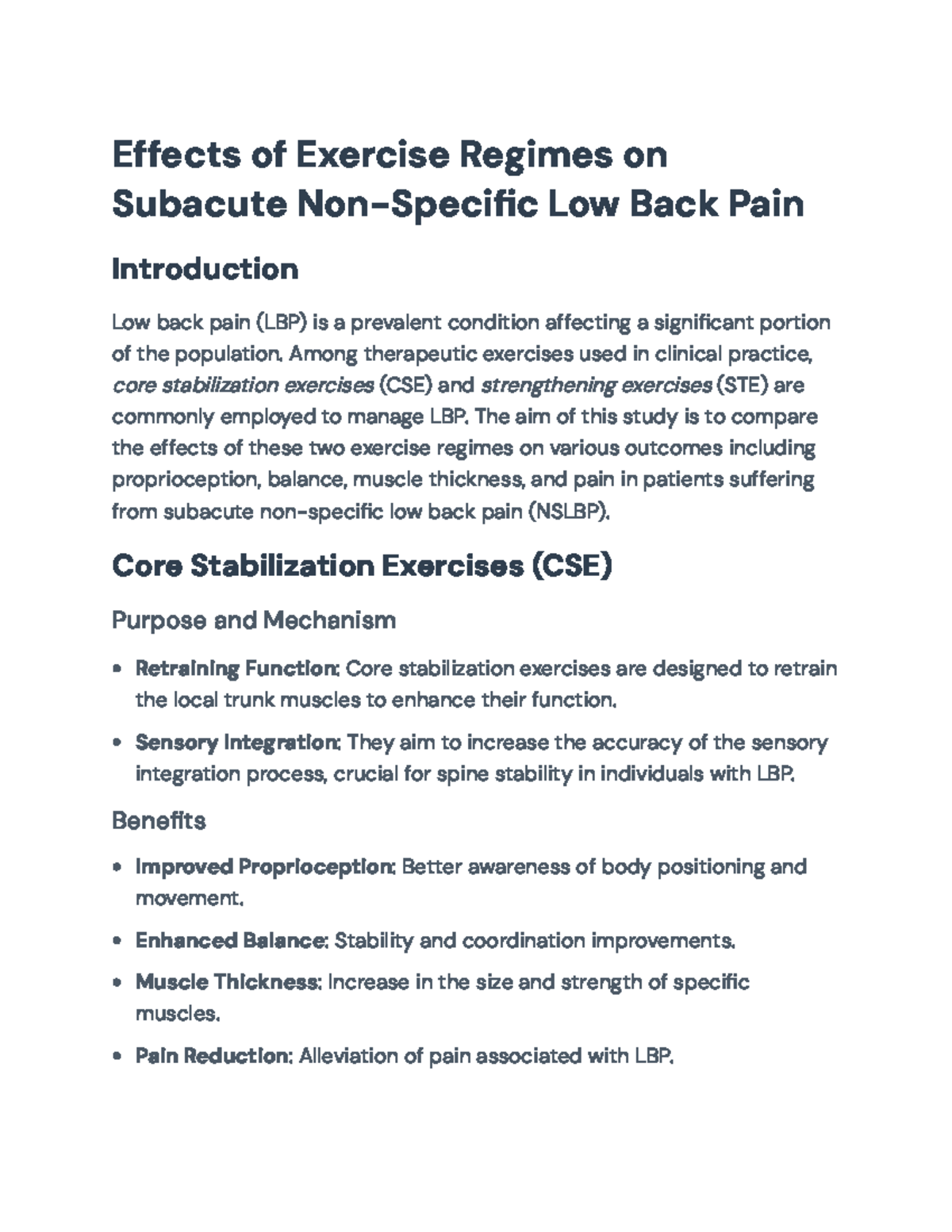 Effects of CSE vs. STE on Subacute Non-Specific Low Back Pain - Effects ...
