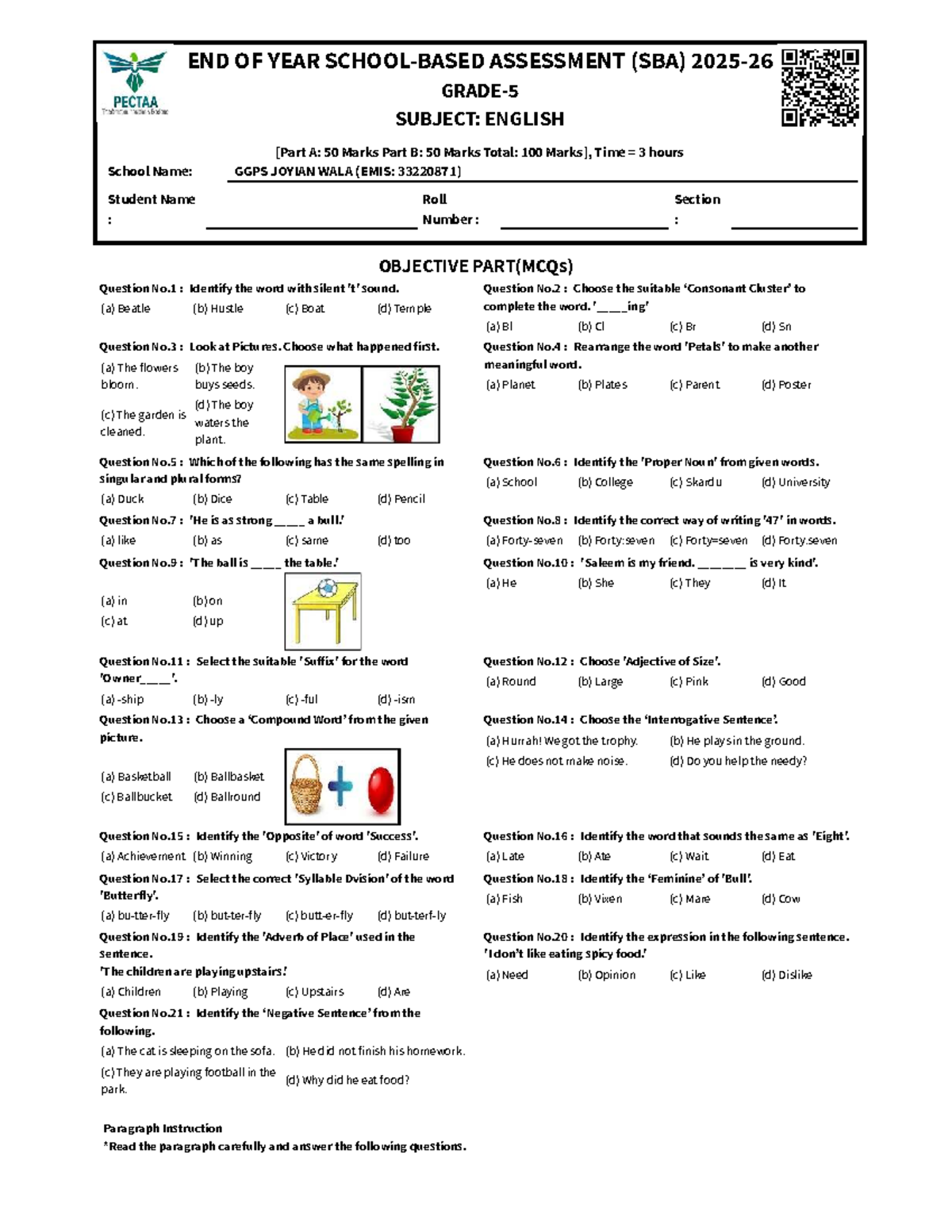 FINAL ASSESSMENT (SBA) ENGLISH - 100 MARKS - 2025-26 - Studocu