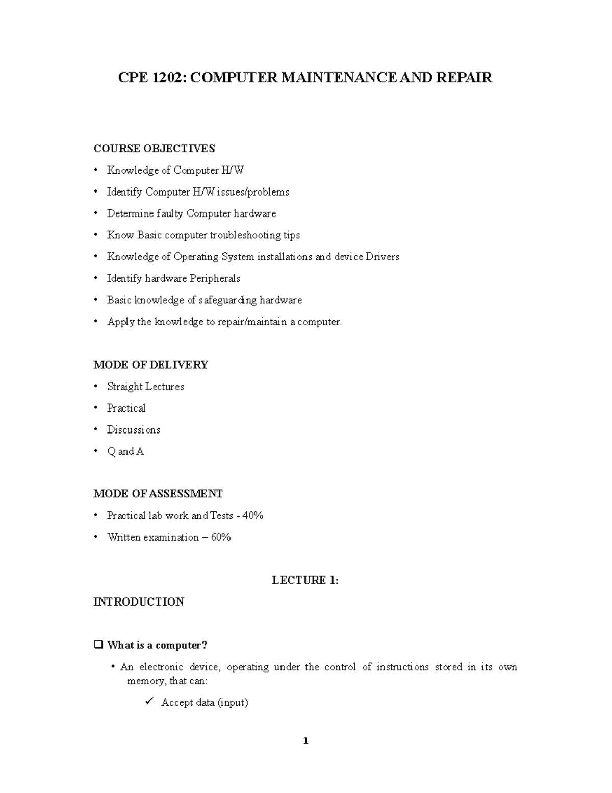 CPE 1202: Computer Maintenance & Repair - Lecture 1 Overview - Studocu