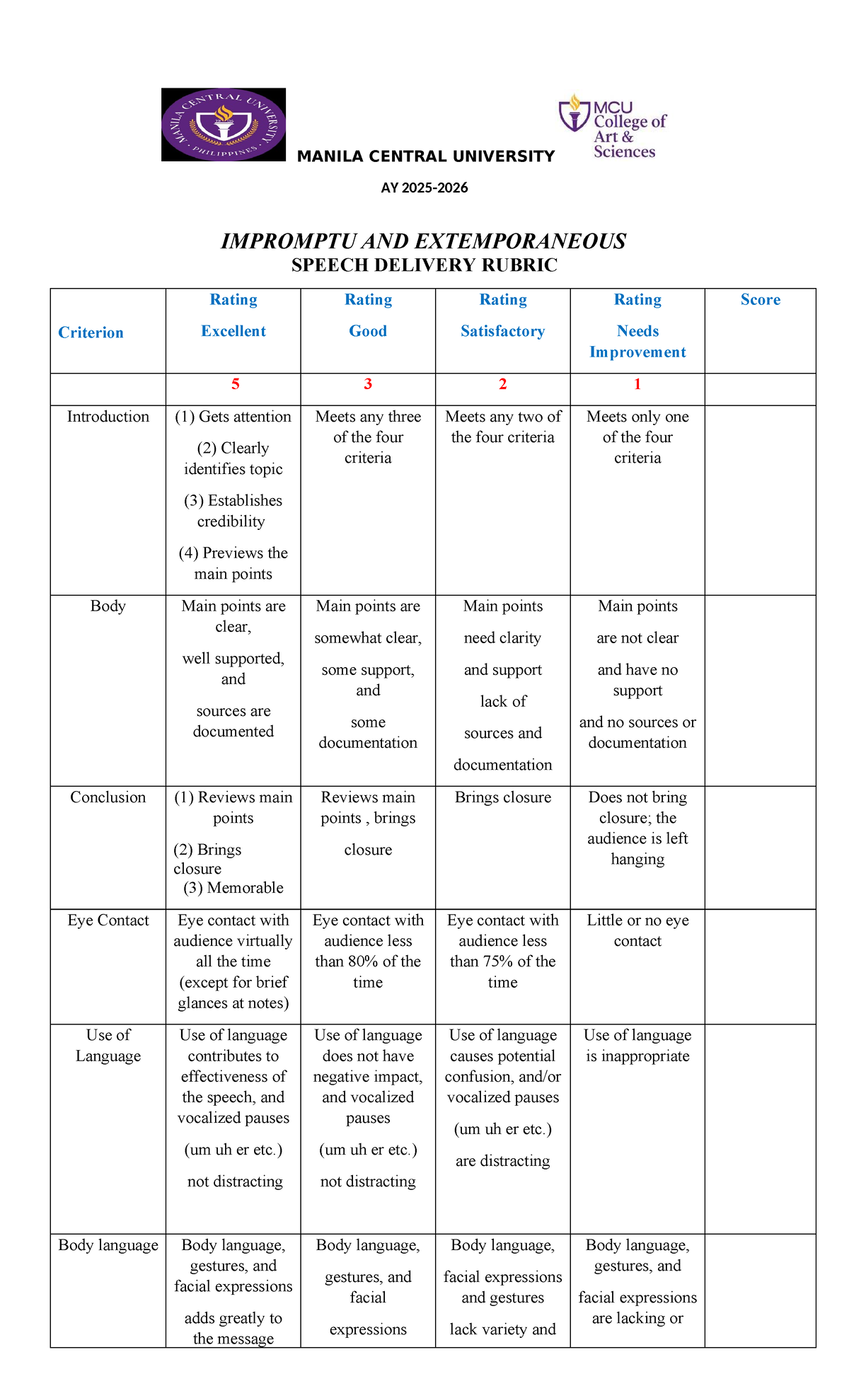 MCU Impromptu & Extemporaneous Speech Delivery Rubric - Studocu