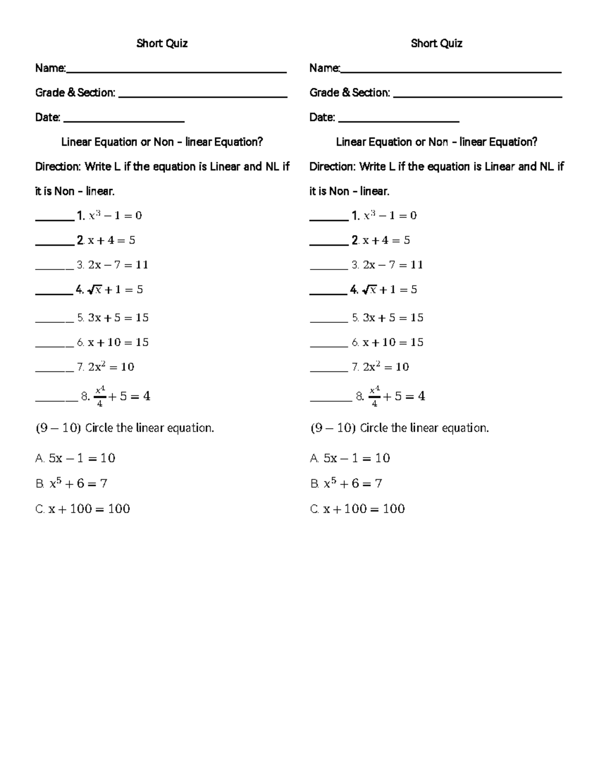 Short Quiz - Linear vs Non-Linear Equations (Grade Section) - Studocu