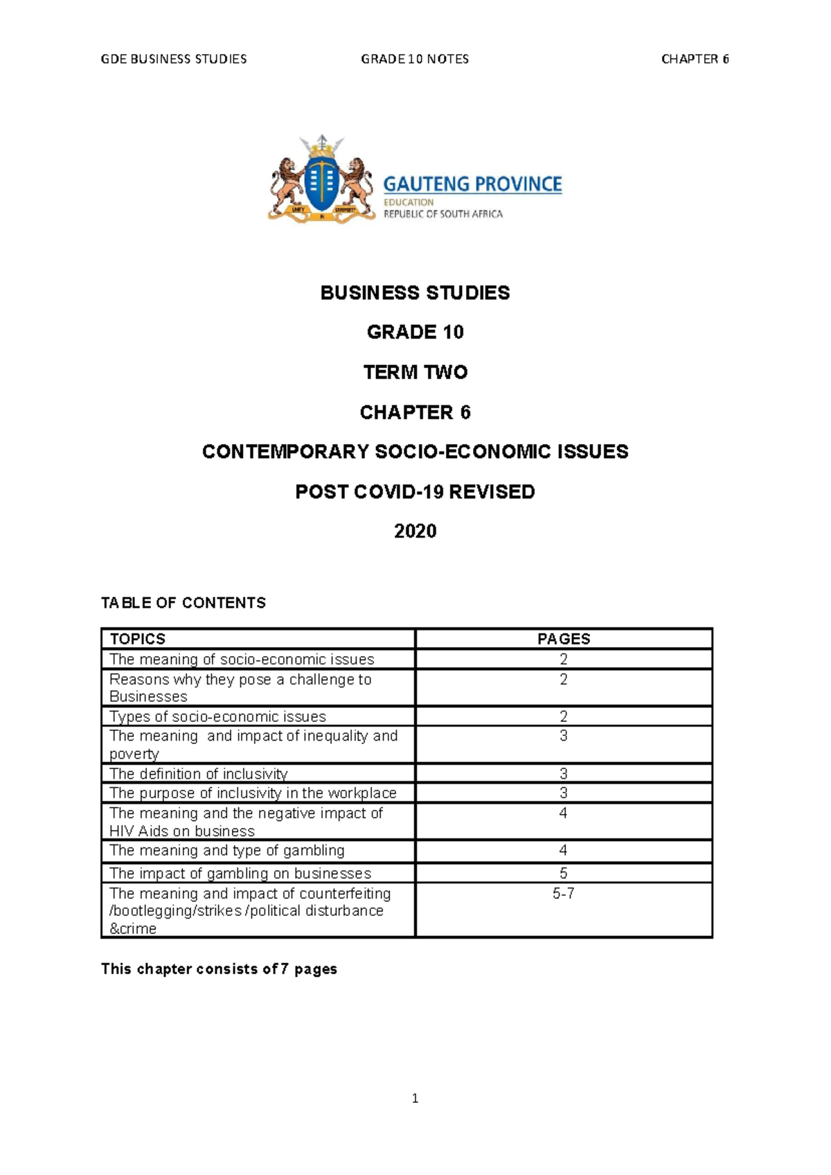 Revised Grade 10 Bus. Studies Notes: Socio-Economic Issues Post-COVID ...