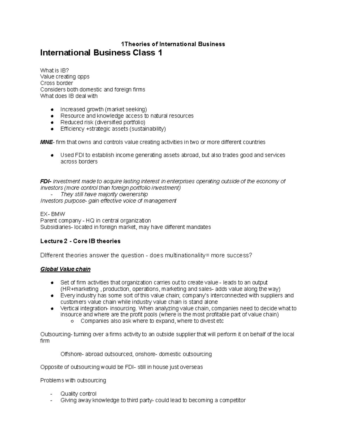Theories of International Business - IB Lecture Notes (Chapters 1-7 ...