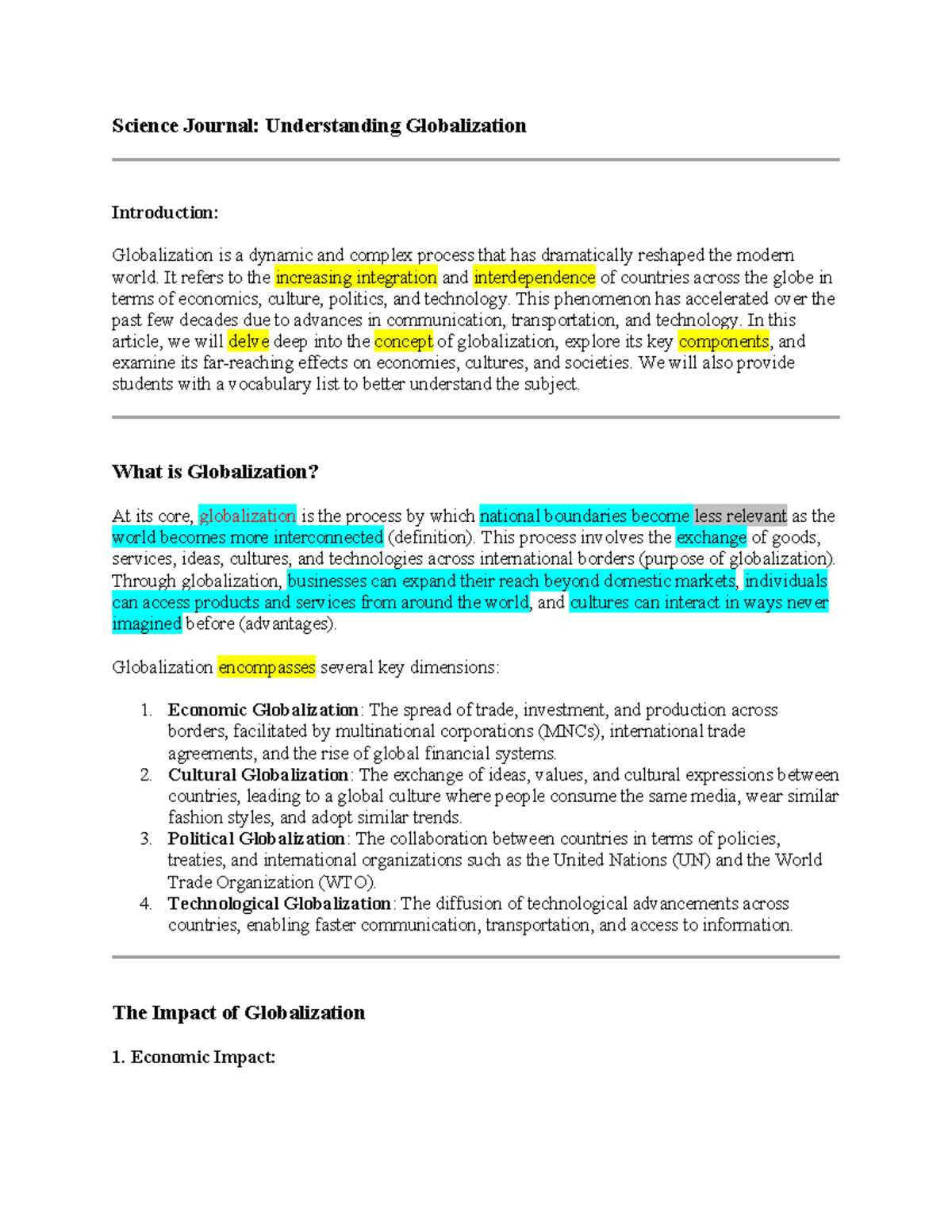 Science Journal: Globalization Insights and Impacts (Course Code ...