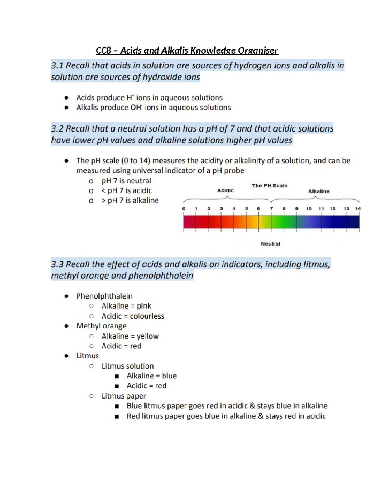 CC8 Acids and Alkalis Final Exam Knowledge Organiser - Studocu