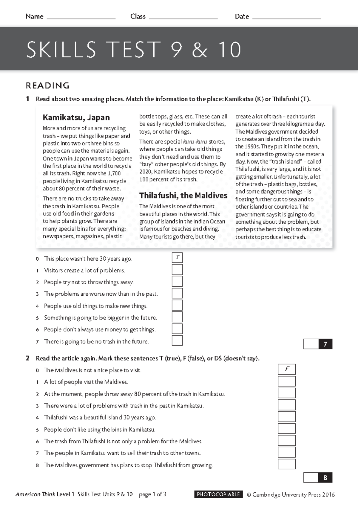 American think level 1 skills test units 9-10 - SKILLS TEST 9 & 10 ...