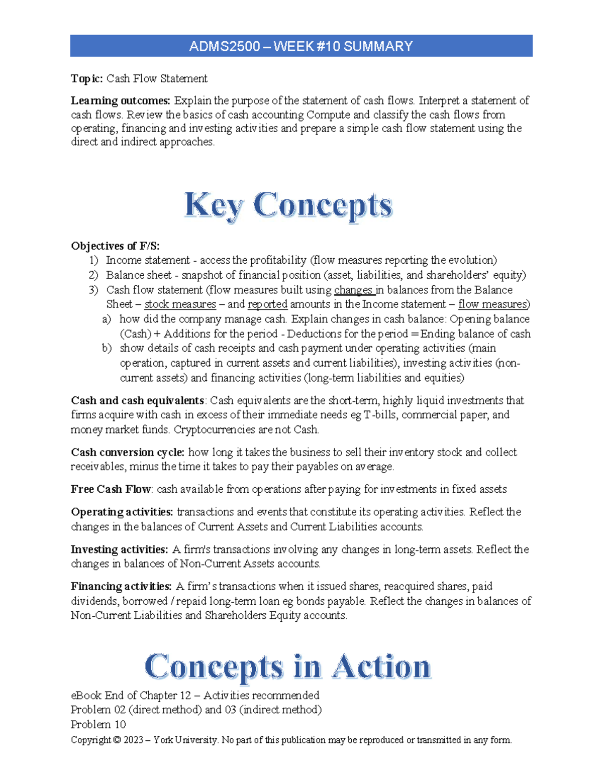 Ch12 Cash Flow Statement: Weekly Self Study Summary - Week 12 (rev F23) - Studocu