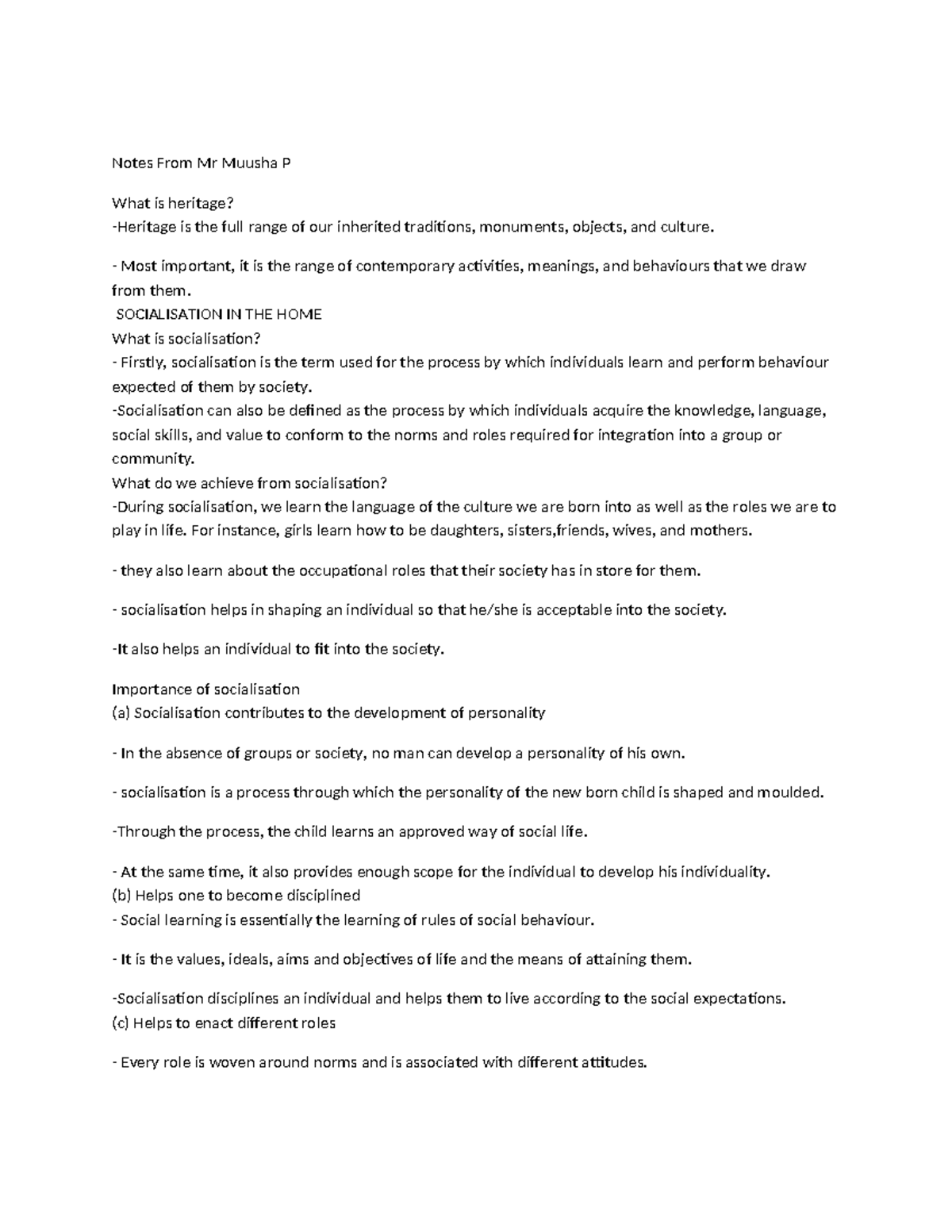 Form 1 Heritage Notes: Understanding Socialisation and Identity - Studocu