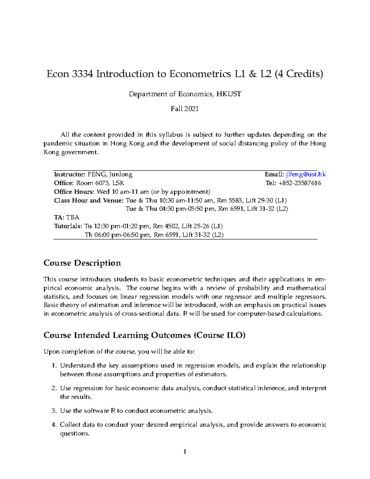 ECON3334 - Intro to Econometrics Syllabus for Fall 2021 - Studocu