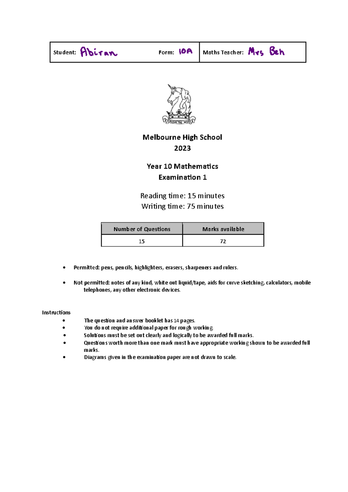 Year 10 Mathematics Exam 1 - Melbourne High School 2023 - Studocu