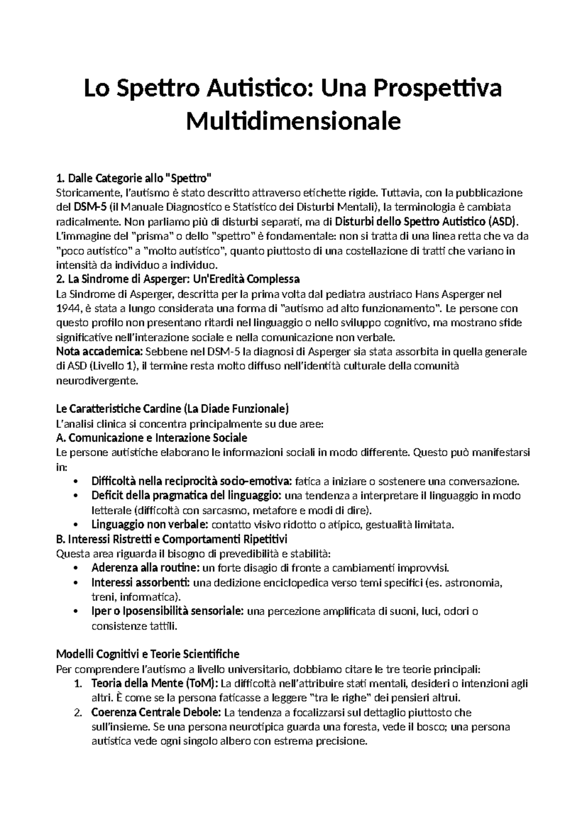 Lo Spettro Autistico: Prospettiva Multidimensionale e Teorie 1 - Studocu