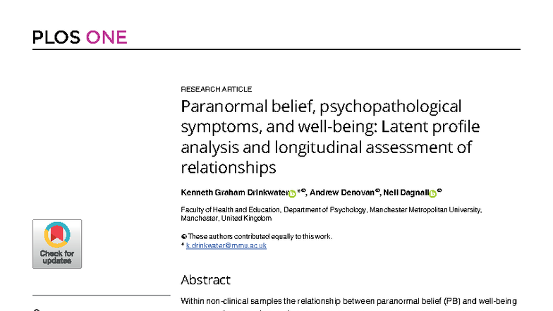 PLOS ONE Research Article: Paranormal Belief and Psychopathology ...