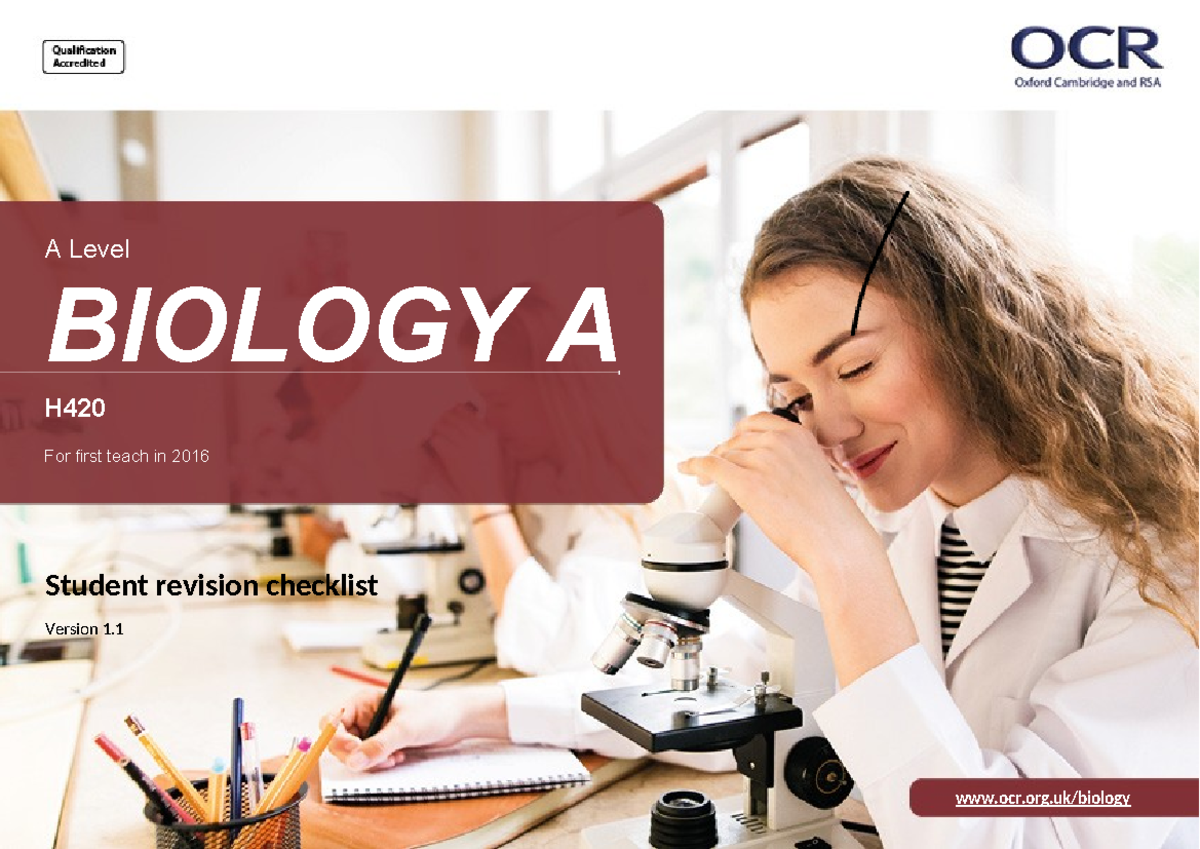 OCR A Level Biology A H420 Student Revision Checklist (Version 1.1 ...