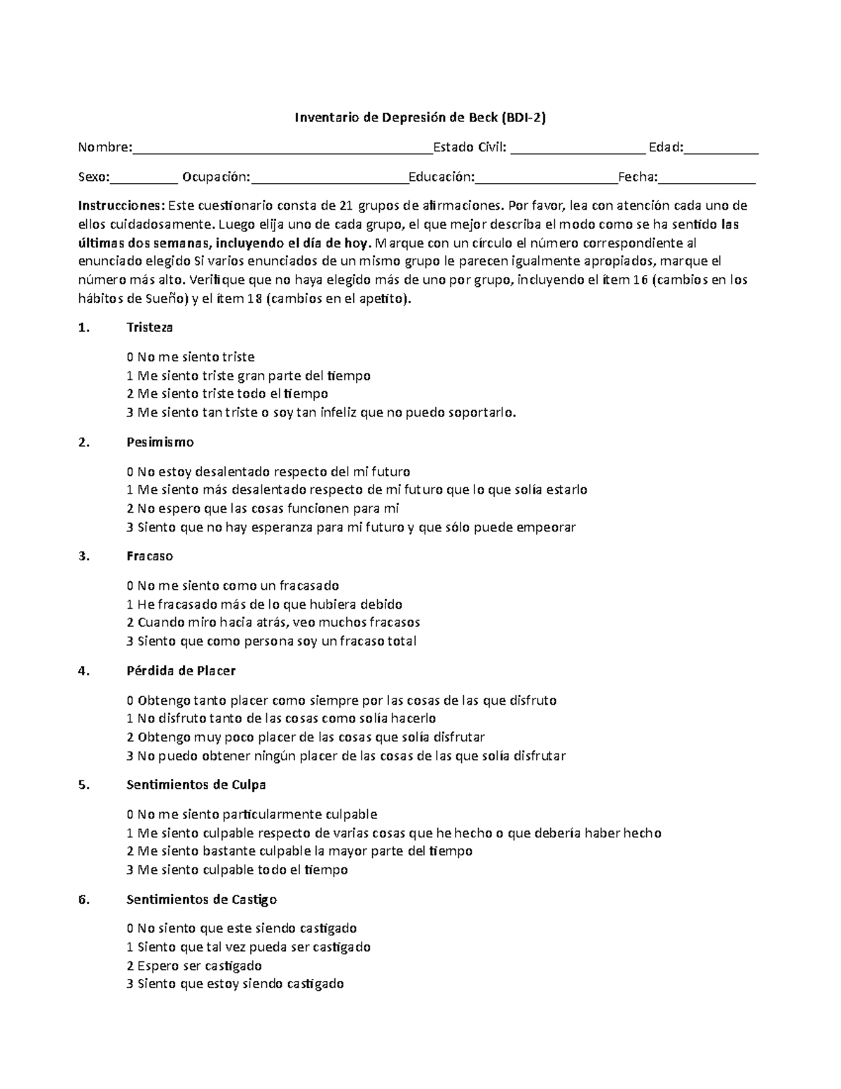 Inventario de Depresión de Beck - Inventario de Depresión de Beck (BDI-2) - Studocu