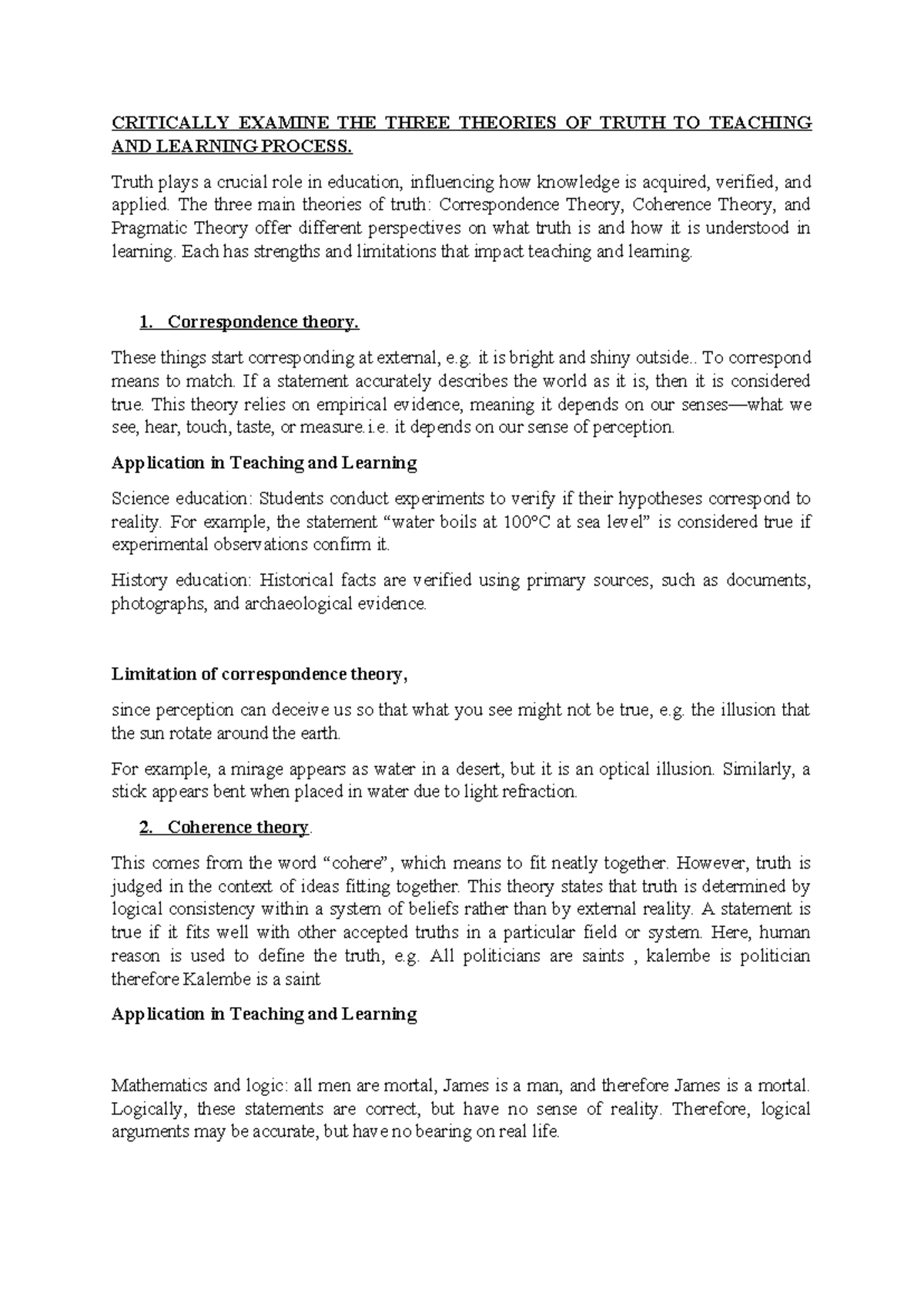Critical Analysis of Three Truth Theories in Teaching & Learning - Studocu
