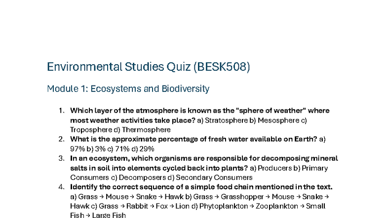 Environmental Studies Quiz (BESK508) - Ecosystems & Pollution - Studocu