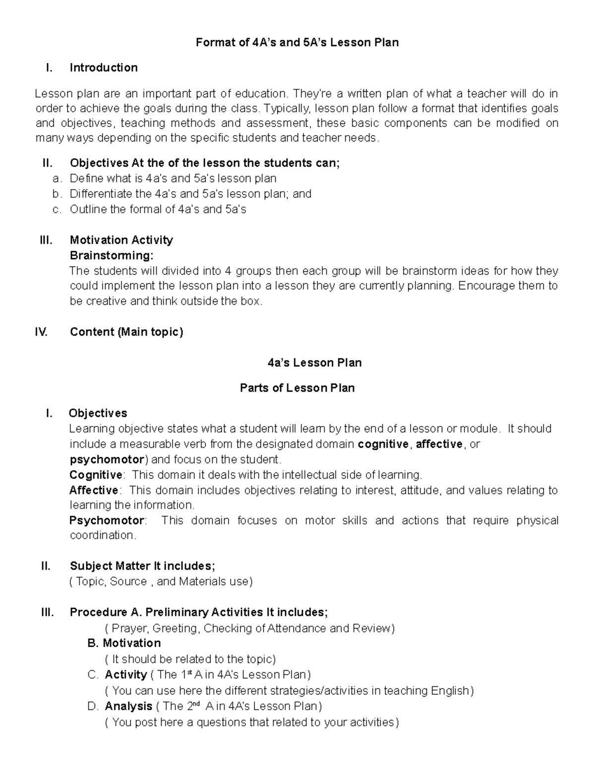 5A's and 4A's Lesson Plan: A Comprehensive Educational Guide - Studocu