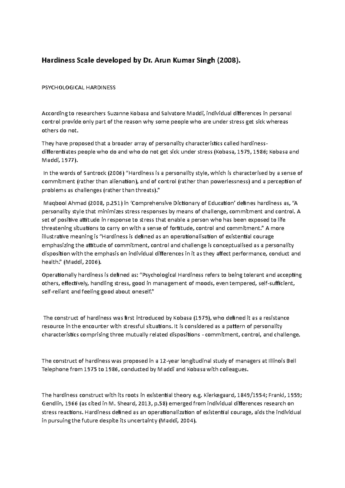 **PSY301: Practical Notes on Psychological Hardiness and its Scale ...