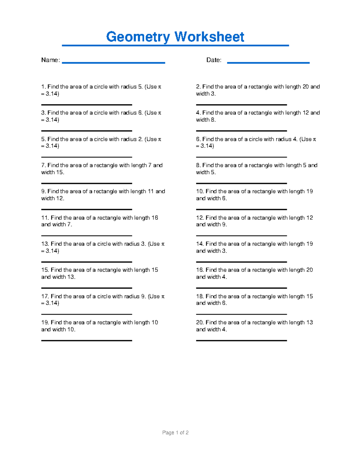 Geometry Worksheet 2: Area Calculations for Circles & Rectangles - Studocu