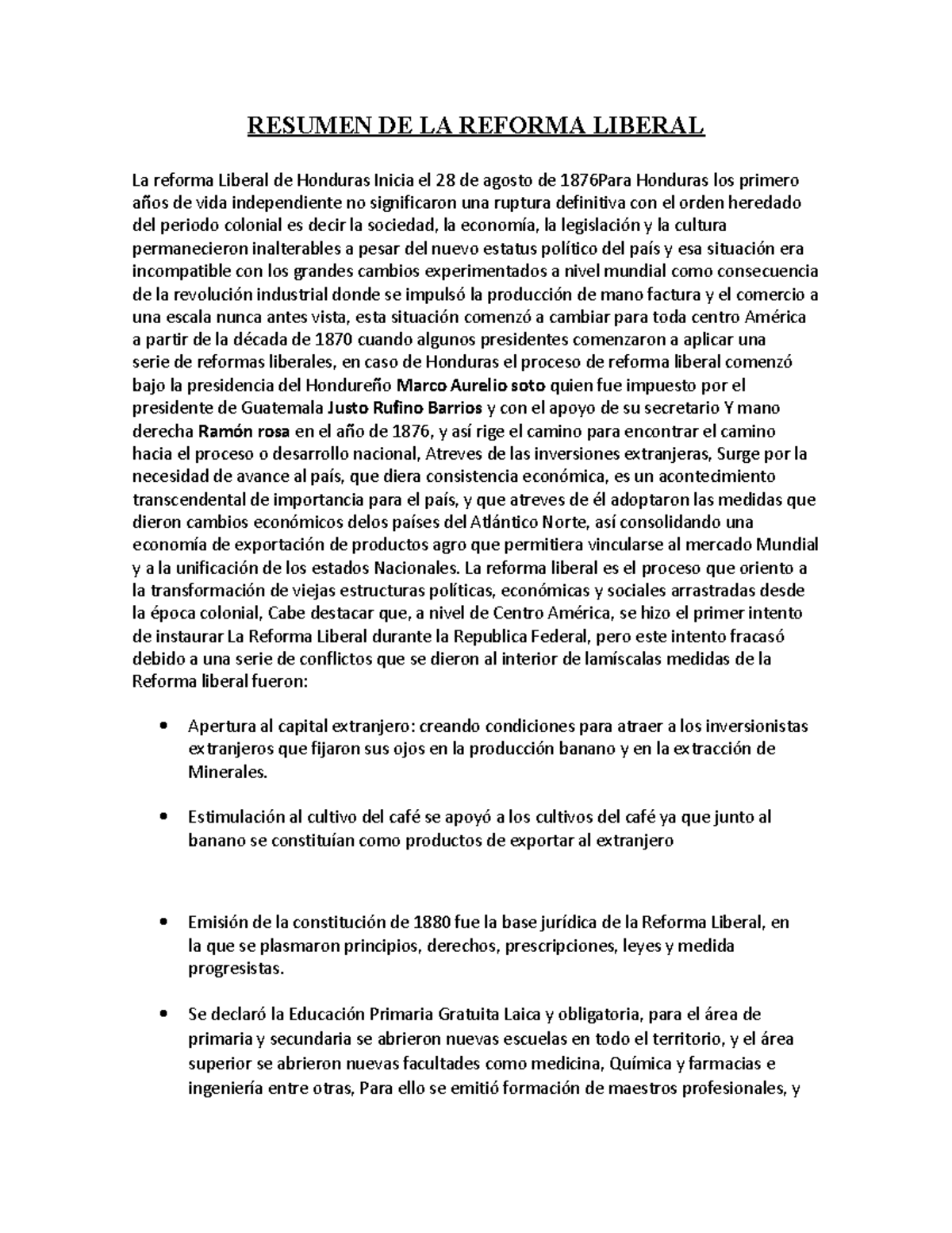 Resumen de la Reforma Liberal en Honduras (1876-1883) - Studocu