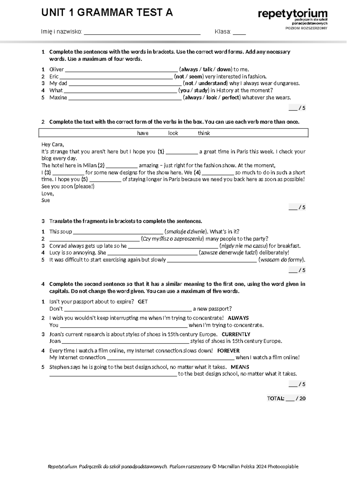 U01 Grammar Test A - Complete the Sentences and Translate - Studocu