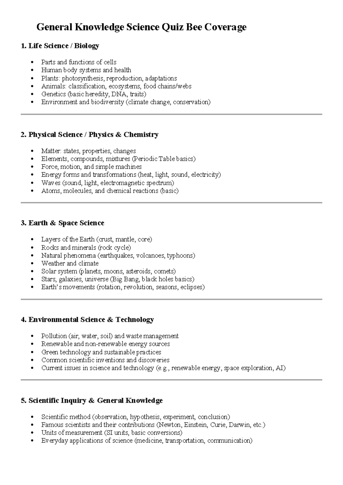 General Knowledge Science Quiz Bee Coverage: Key Topics & Concepts ...