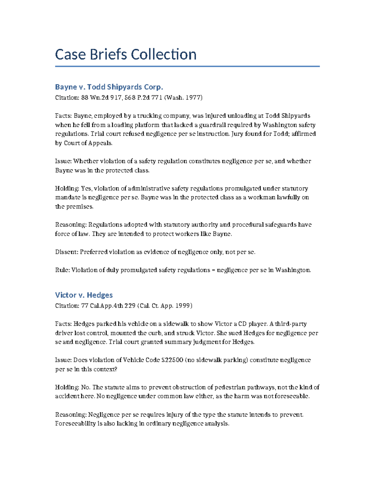 Case Briefs: Bayne v. Todd Shipyards & Victor v. Hedges Analysis - Studocu